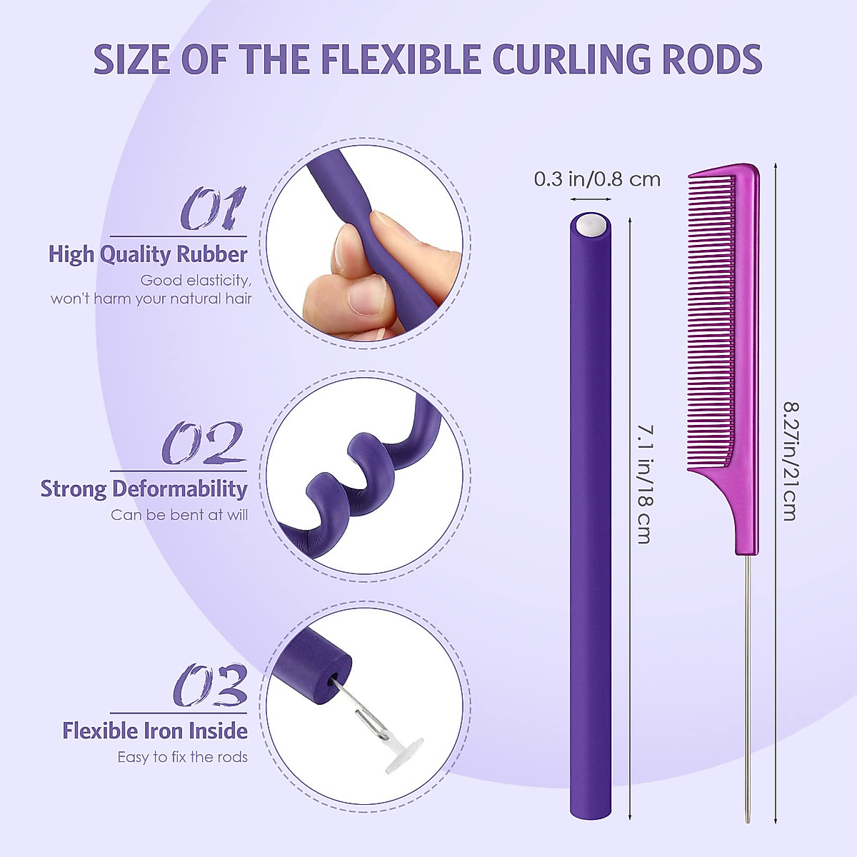 60 Flexible Curling Rods Set for Women & Girls - No Heat Hair Rollers for Long and Short Hair (Purple, 0.3 x 7 Inch)