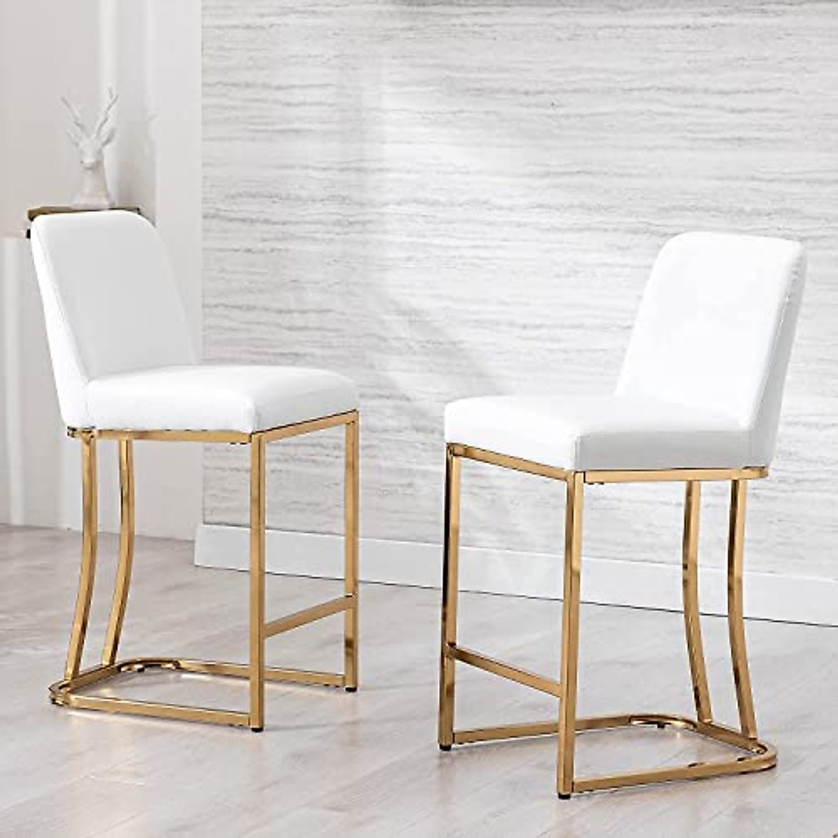RIVOVA 24" Counter Height Bar Stools Set of 2 with Back, Modern PU Leather Bar Stool for Kitchen Island, Upholstered Pub Stools with Footrest, Armless Dining Chairs for Bar, White