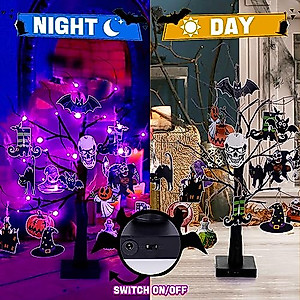 RJZZ 24LED Lighted Halloween Tree 2FT Hocus Pocus Decor Spooky Tree with 21pcs Hanging Ornaments Halloween Decorations Indoor USB/Battery Operated Halloween Decor for Table Centerpiece, Office
