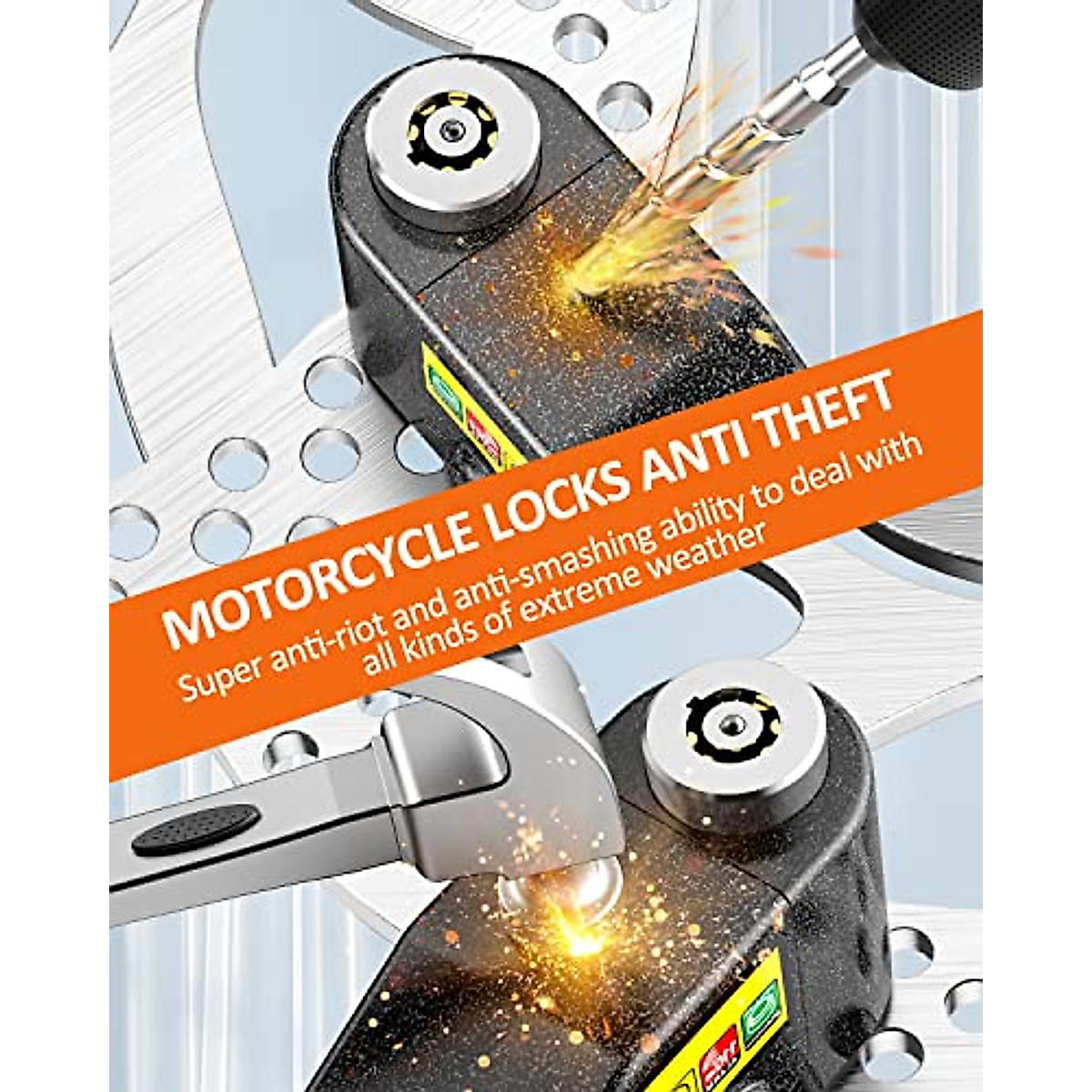 Onvian Motorcycle Lock with Alarm, Waterproof Motorcycle Locks Anti Theft for Motorcycle Bicycle Bike Scooter E-Bikes Wheel 6.7mm Disc Brake Rotor Lock 5FT Reminder Cable (Black)