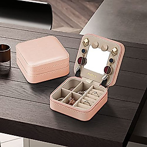 Ailvy Travel Jewelry Organizer with Mirror, Small Jewelry Box Portable Display Storage Jewelry Case for Earrings, Rings, Necklaces, Bracelet, Gift for Women Girls (Pink)