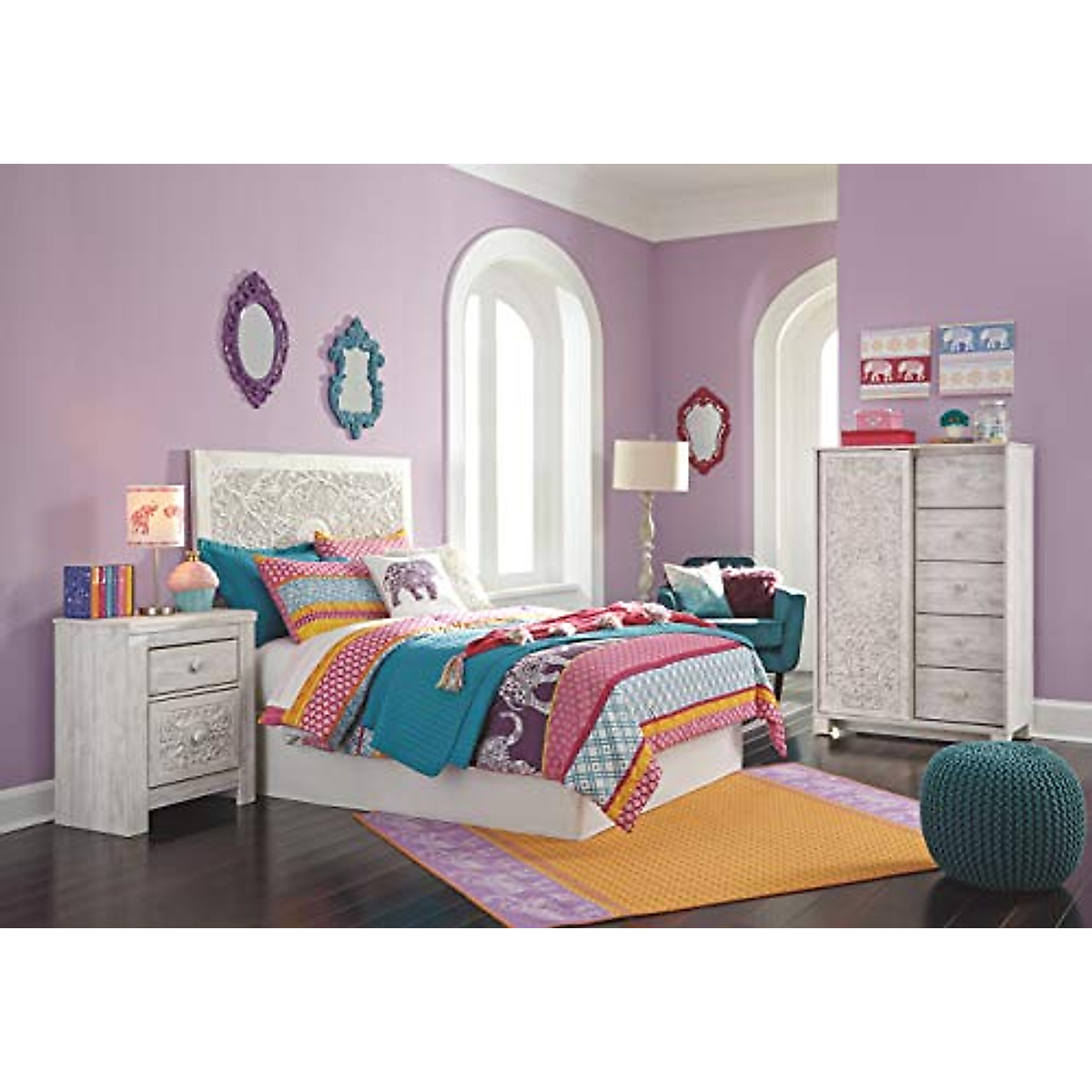 Signature Design by Ashley Paxberry Boho 5 Drawer Dressing Chest with Slider Door & 3 Adjustable Shelves, Whitewash