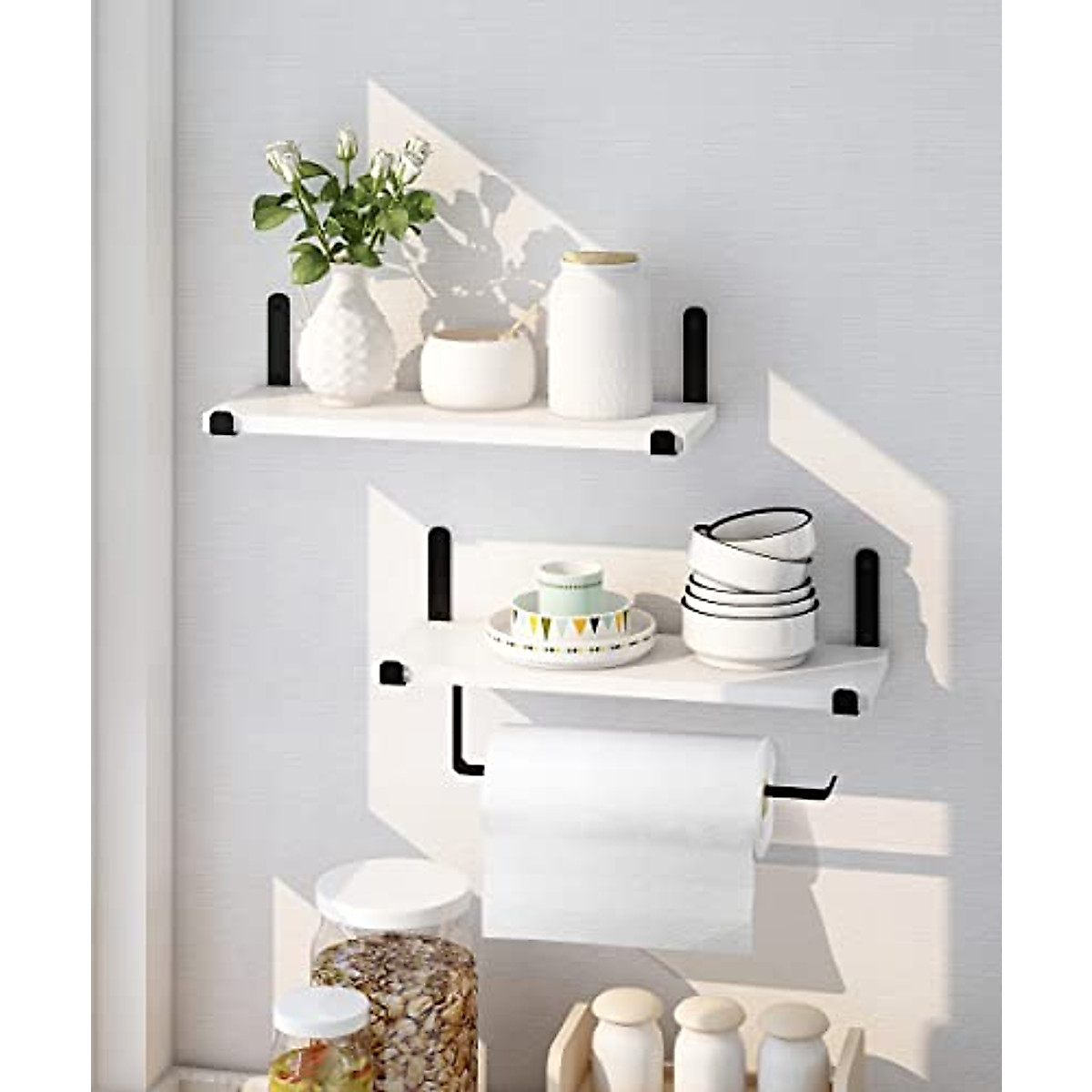 Godimerhea White Floating Shelves with Towel Holder, Modern Wall Mounted Shelf Set of 2, Neutral Wooden Storage for Wall Decorative Hanging Shelf for Bathroom, Kitchen, Living Room