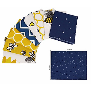 Soimoi 8 Pc Fat Quarter Bundle - Bee Print 18"x 22" DIY Patchwork- 100% Cotton Pre-Cut Quilting Fabric (Yellow & Blue)