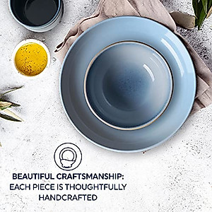 Corelle Stoneware 16-Pc Dinnerware Set, Handcrafted Artisanal Double Bead Plates, Meal Bowls, Bowls and Tumblers, Solid and Reactive Glazes, Dining Plate Set, Nordic Blue