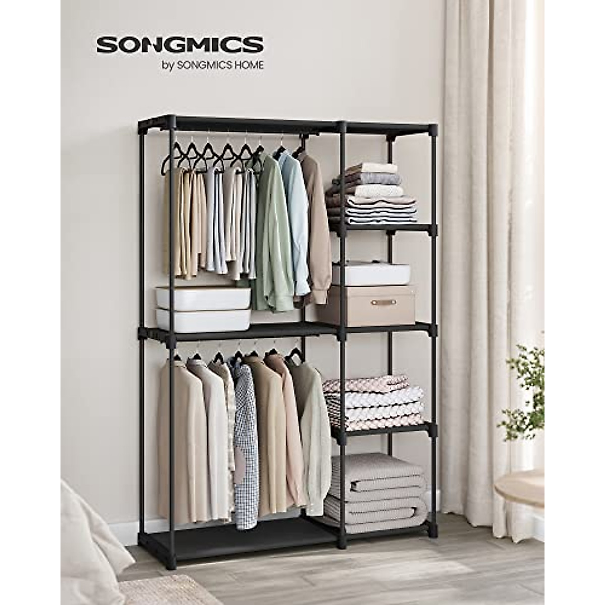 SONGMICS Portable Closet, Freestanding Closet Organizer, Clothes Rack with Shelves, Hanging Rods, Storage Organizer, for Cloakroom, Bedroom, 48.8 x 16.9 x 71.7 Inches, Black URYG026B02