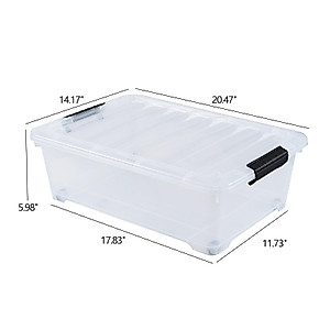 Qskely 20 L Clear Under Bed Containers, 4 Pack Under Bed Plastic Latch Storage Totes with Wheels