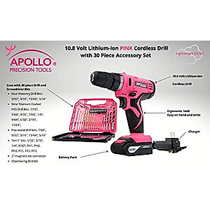 Apollo Tools Powerful Lightweight Cordless Drill, 10.8 Lithium Ion Battery with 30-Piece Accessory Drill Bit Set - Pink Ribbon - Pink- DT4937P