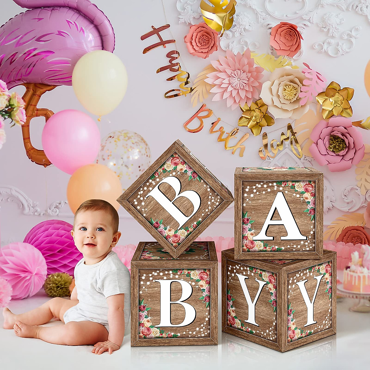 Floral Baby Shower Box Birthday Party Decoration Balloon Blocks First Birthday Centerpiece Decor for Girls Wood Grain Base Gender Reveal Party Supplies (Floral-Box-01)…