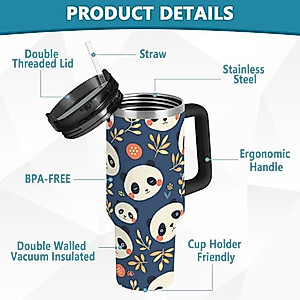 linqin Retro Panda Face Blue Vacuum Insulated Tumbler with Straw Lid 30 oz Gym Water Bottle Reusable Portable Coffee Mug for Home, Office or Car