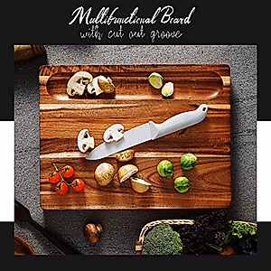 FANICHI Extra Large & Thick Acacia Wood Cutting Board: 16 x 12 x 1.5 Inch Reversible Multipurpose with Juice Groove, Cracker Holder & Inner Handles.