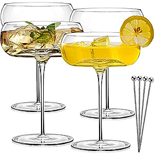 Fluted Martini Glasses Set of 4 Cocktail Glasses Unique Coupe Glass Set with Cocktail Picks, Bar Glassware for Margarita Manhattan Mixed Drinks