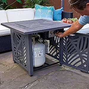 Endless Summer Lindsey 30 Inch Square Outdoor UV Printed 50,000 BTU LP Gas Fire Pit​ Patio Table with Faux Wood Mantel and Stamped Steel Base