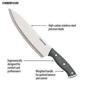 Farberware Triple Riveted Knife Set High-Carbon Stainless Steel Blades, Ergonomic Handles with Silver Accents, Includes Rubber Wood Storage Block, 15 piece, Gray