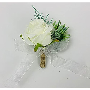 Set of 2 Rose Boutonnieres and Rose Wrist Corsage Men Boutonniere Set Woman White Rose Wrist Corsage Wristlet Band Bracelet for Wedding Suit Decorations (Boutonnieres)