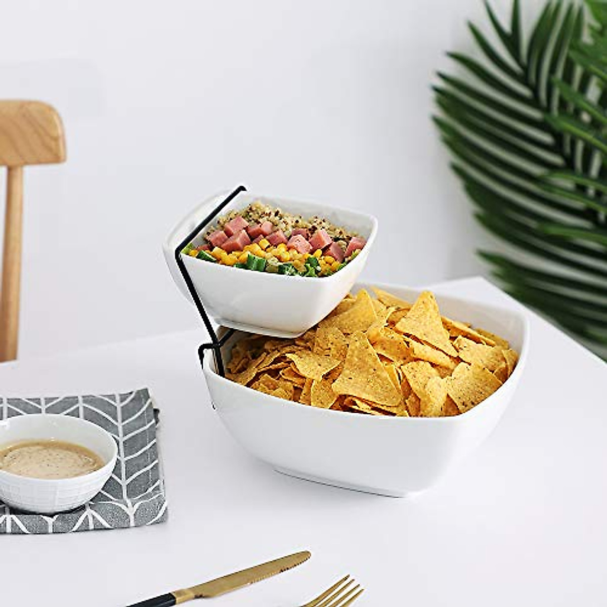 Buyajuju Chip and Dip Serving Set, 2 Tier Chip and Dip Bowls with Stand, Tiered Serving Stand, Food Server Display for Parties, Entertaining