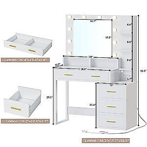 Tiptiper Makeup Vanity with Lights, Vanity Desk with Charging Station, White Vanity Table with 10 Light Bulbs Mirror & 3 Lighting Modes, Makeup Desk with Drawers, Nightstand and Storage Shelves