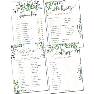 Papery Pop Bridal Shower Games - Set of 4 Games for 30 Guests - Double Sided Cards - Wedding Shower Games - Eucalyptus
