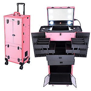 Pink Rolling Makeup Case with Mirror Light Pro Large Cosmetic Artists Hair Stylist Barber Organized Trolley Lockable