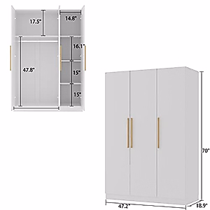 FAMAPY 3 Doors Wardrobe with Shelevs, Armoire Wardrobe Closet with Hanging Rod, Wooden Handles, Armoire Closet for Bedroom White (47.2”W x 18.9”D x 70”H)
