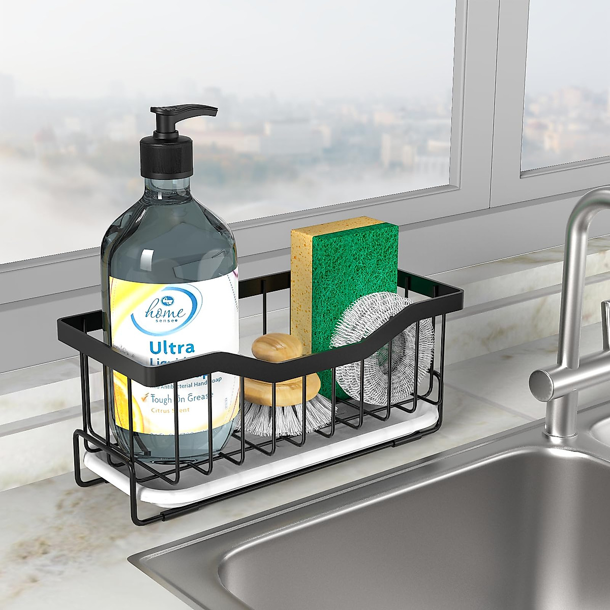 Maifan Kitchen Sink Caddy Sink Organizer, Sponge Caddy Holder for Kitchen Sink, Stainless Steel Rustproof Dish Kitchen Caddy Brush Holder with Drain Tray for Kitchen Countertop Storage Gadgets