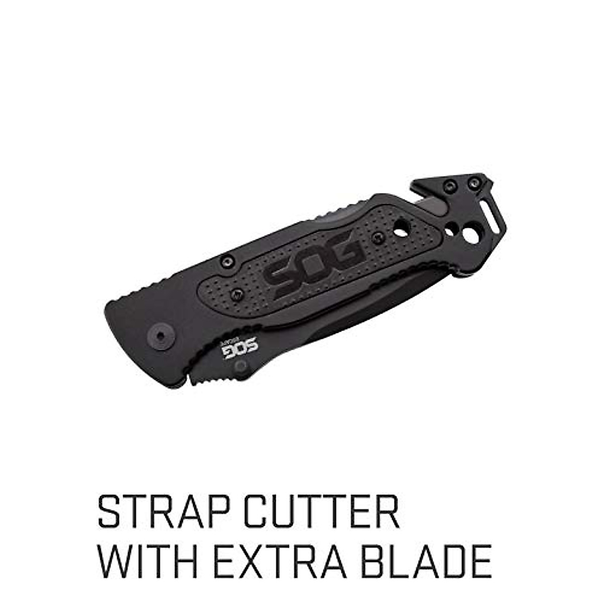 SOG Escape Tactical Folding Knife- 3.4 Inch Serrated Edge Blade Emergency Pocket Knife with Glass Breaker, Wire Stripper and Line Cutter Blades-Black (FF25-CP)
