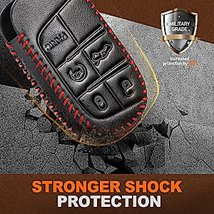 Slohif for Jeep Key Fob Cover Keychain Accessories for Grand Cherokee Renegade Chrysler 200 300 Dodge RAM Durango Charger Challenger Journey Dart Fiat 5 Buttons, Leather Case+D-Ring+Hook(Black)