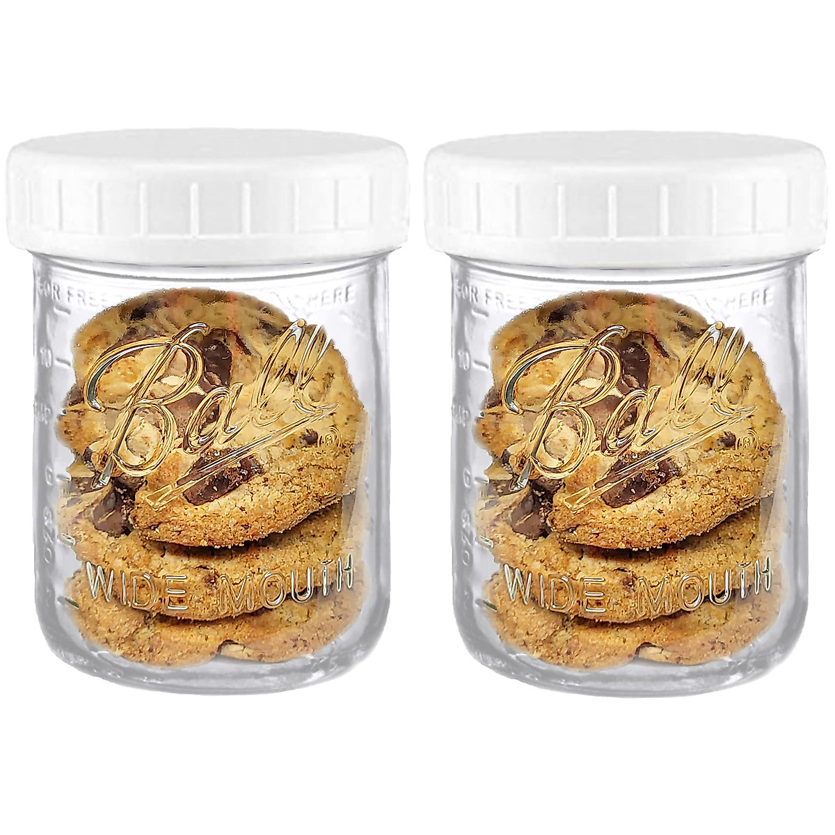 Wide Mouth Mason Jars 16 oz - (2 Pack) - Ball Wide Mouth 16-Ounces Pint Mason Jars with White M.E.M Food Storage Plastic Lids, Caps Fit Ball and Kerr Wide Mouth - For Storage, Freezing, Leak Proof,