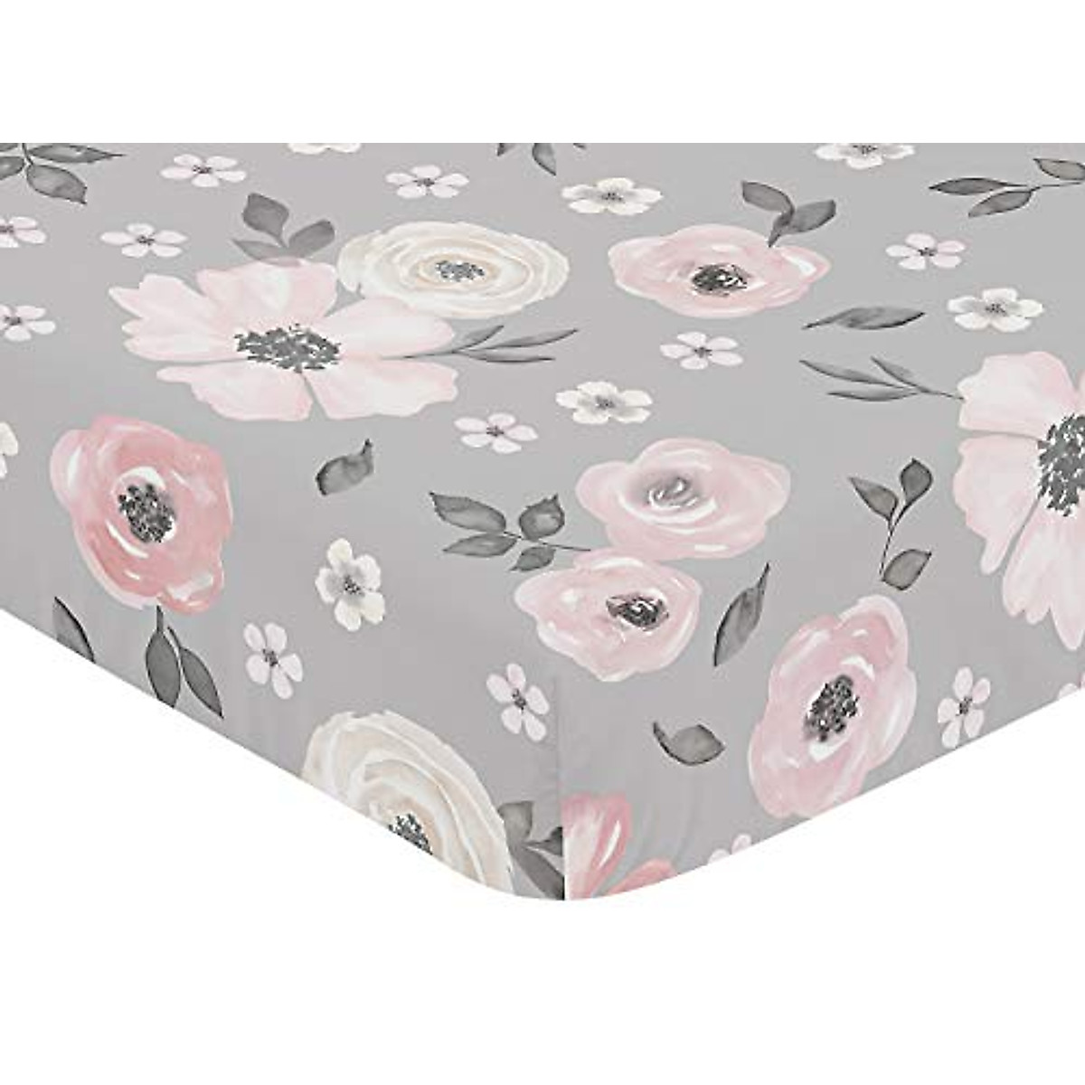 Sweet Jojo Designs Grey Watercolor Floral Girl Fitted Crib Sheet Baby or Toddler Bed Nursery - Blush Pink Gray and White Shabby Chic Rose Flower Farmhouse