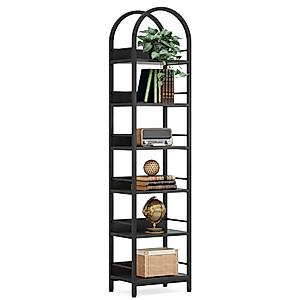 Tribesigns 78.7" Tall Bookshelf, Industrial Wood 6-Tier Bookcase, Arched Narrow Bookshelf, Ladder Shelf Storage Organizer, Display Shelf with Metal Frame for Bedroom, Living Room, Black