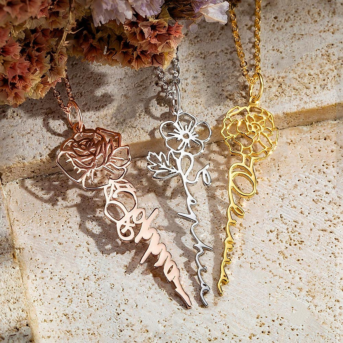 Roseinside Personalized Birth Flower Necklace for women Sterling Silver Custom Dainty Floral Name Pendant Birthday Gift Jewelry