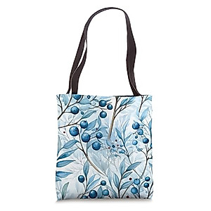 Floral Christmas Nature Decor For Women Blue Holly Berry Tote Bag