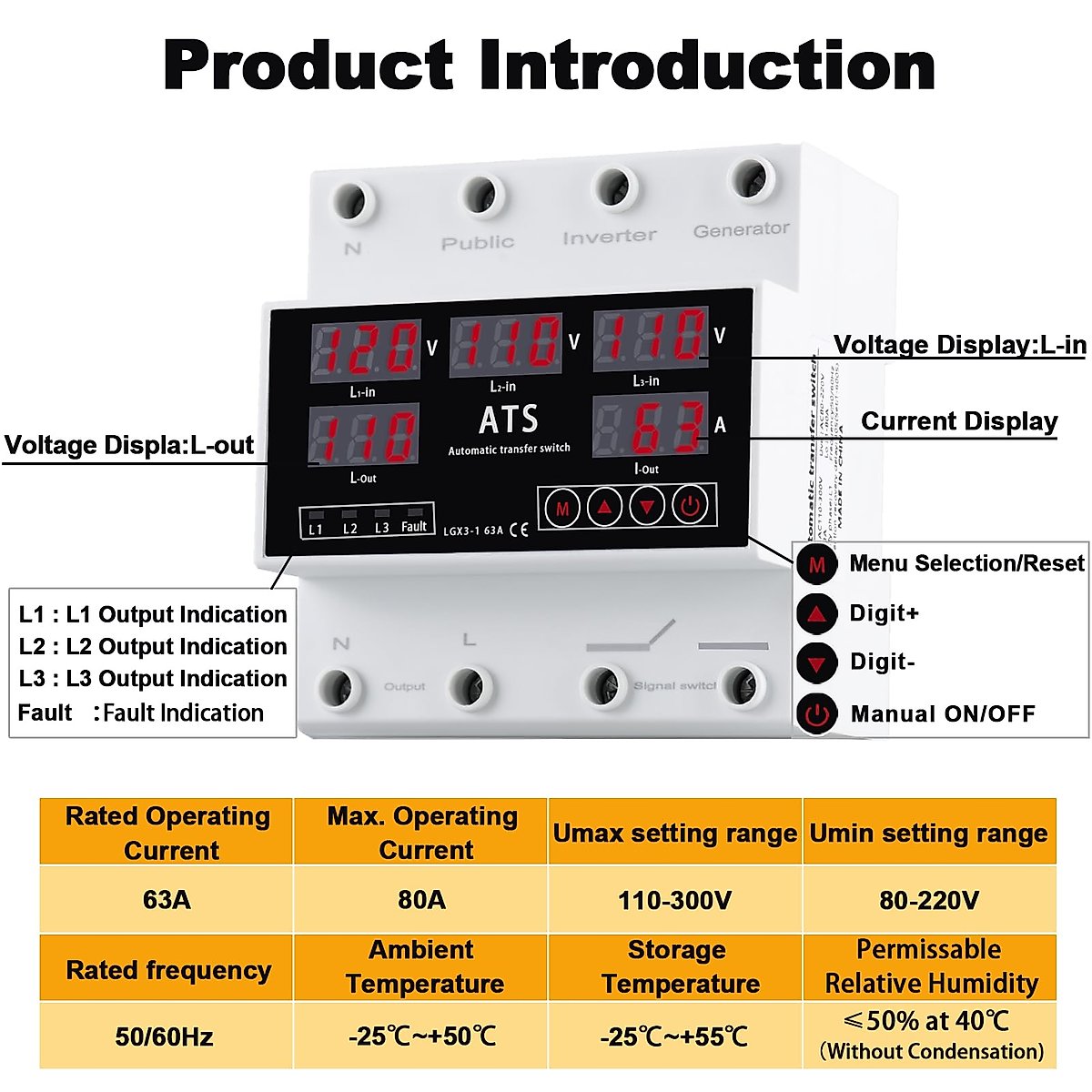 Automatic Transfer Switch,Automatic Switching Between Utility Power、Generator and Inverter,Overcurrent Protection,Overvoltage and undervoltage Protection,63A