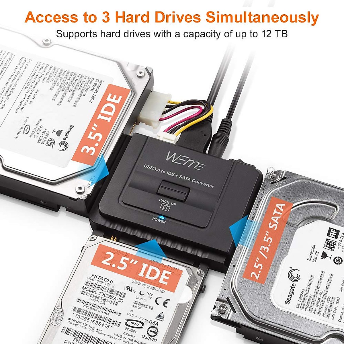 WEme USB 3.0 to SATA/IDE Adapter with Universal 2.5/3.5 Hard Drive Disk Converter for HDD/SSD & IDE HDD Support 6TB and One-Touch Backup Include 12V 2A Power Adapter + USB 3.0 Cable for Laptop