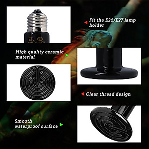 HANJION 75W Ceramic Heat Lamp, Infrared Reptile Heat Emitter Heater Lamp Bulb for Pet Brooder Coop Chicken Lizard Turtle Snake Aquarium, No Light Emitting No Harm - 2 Pack