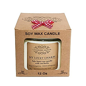 My Lucky Charm - Cleansing Palo Santo with Rue (Ruda) Herbs - Large Candle for Healing, Good Luck and Protection - 12 oz. Soy Candle in a Kraft Box