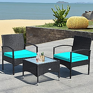 Tangkula 3 Pieces Patio Wicker Rattan Furniture Set, Rattan Chair with Coffee Table, High Load Bearing Chair Conversation Sets for Patio Garden Lawn Backyard Pool