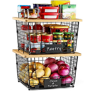 2 Set Kitchen Counter Basket with Bamboo Top - Pantry Cabinet Organization and Storage Wire Basket - Countertop Organizer for Produce, Fruit, Vegetable (Onion, Potato), Bread, K-Cup Coffee Pods