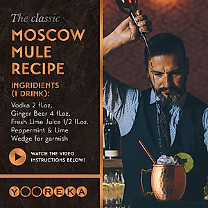 Yooreka Gift Set Moscow Mule Mugs Set Of 4 16 oz Solid Cooper, 100% Pure Copper Cups HANDCRAFTED,BONUS 4 Straws, 4 Wood Coasters, Stirring Spoon, Cleaning brush and Jigger (Round)