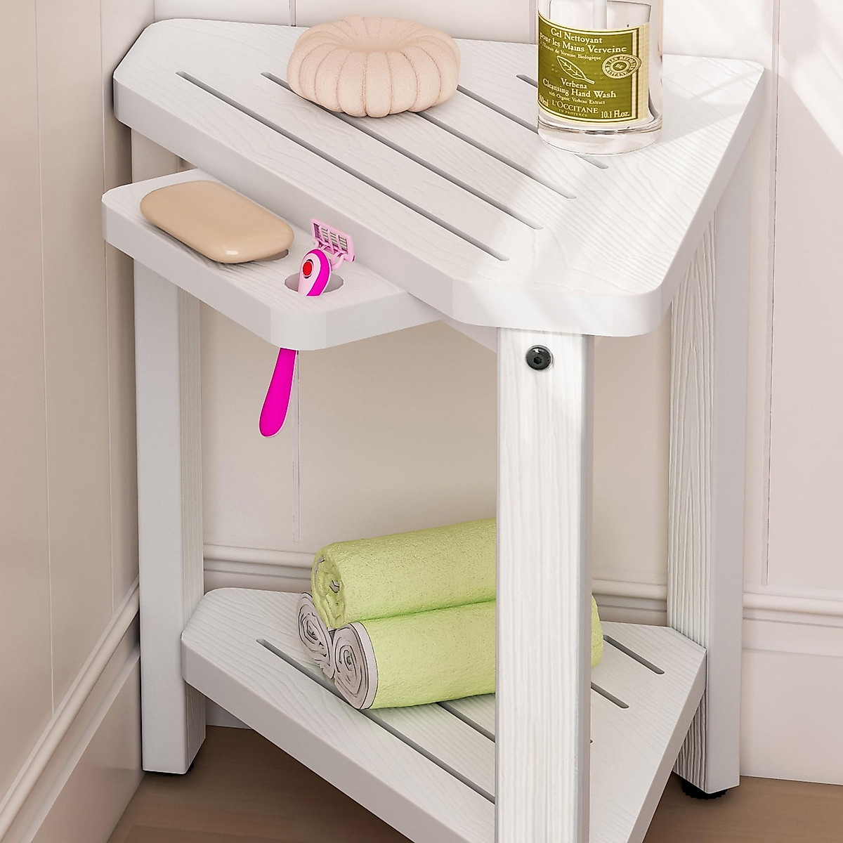 YIGII Corner Shower Stool - Waterproof Bathroom Shower Bench with Adjustable Feet, Non-Slip Corner Bench with Storage Shelf for Shaving Legs, Indoor/Outdoor Use, White
