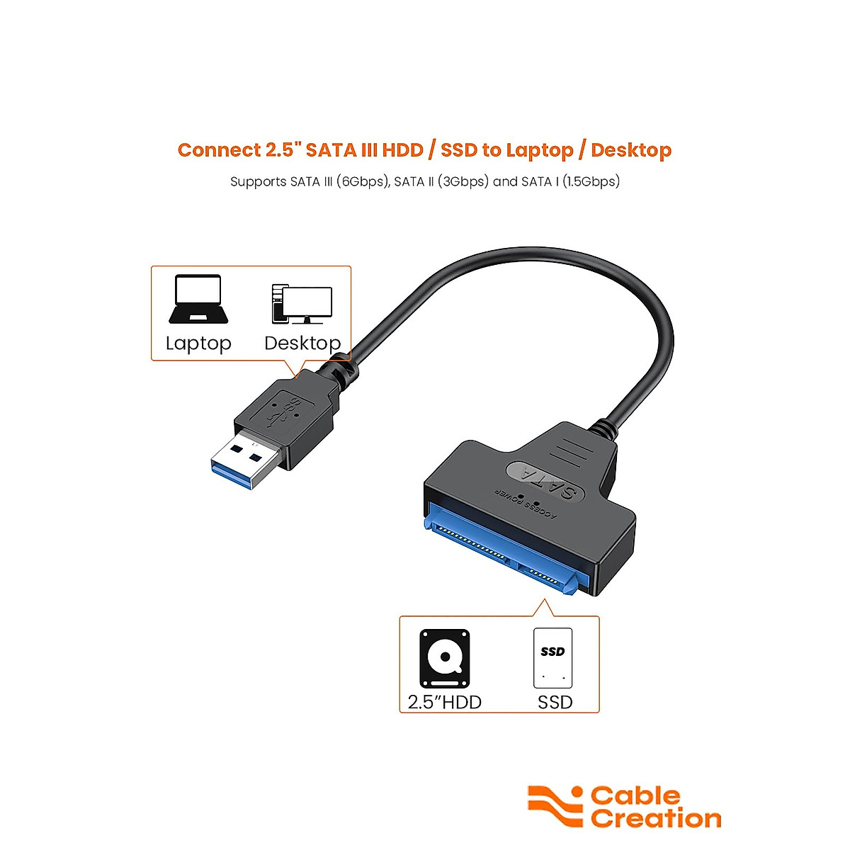 CableCreation SATA to USB 3.0 Cable, USB 3.0 to SATA Adapter, Compatible with 2.5" SATA III HDD&SSD Hard Disk Driver, 0.5FT, Black-External HDD Converter for Data Transfer