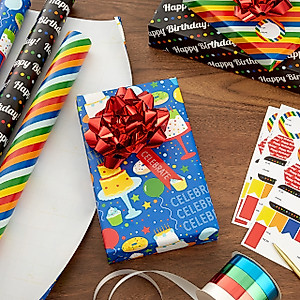 Hallmark Birthday Wrapping Paper Set (3 Rolls: 90 Sq. Ft. Ttl, 10 Bows, Ribbon, Gift Tag Stickers) Rainbow Stripes, Cake, "Happy Birthday" for Kids and Adults