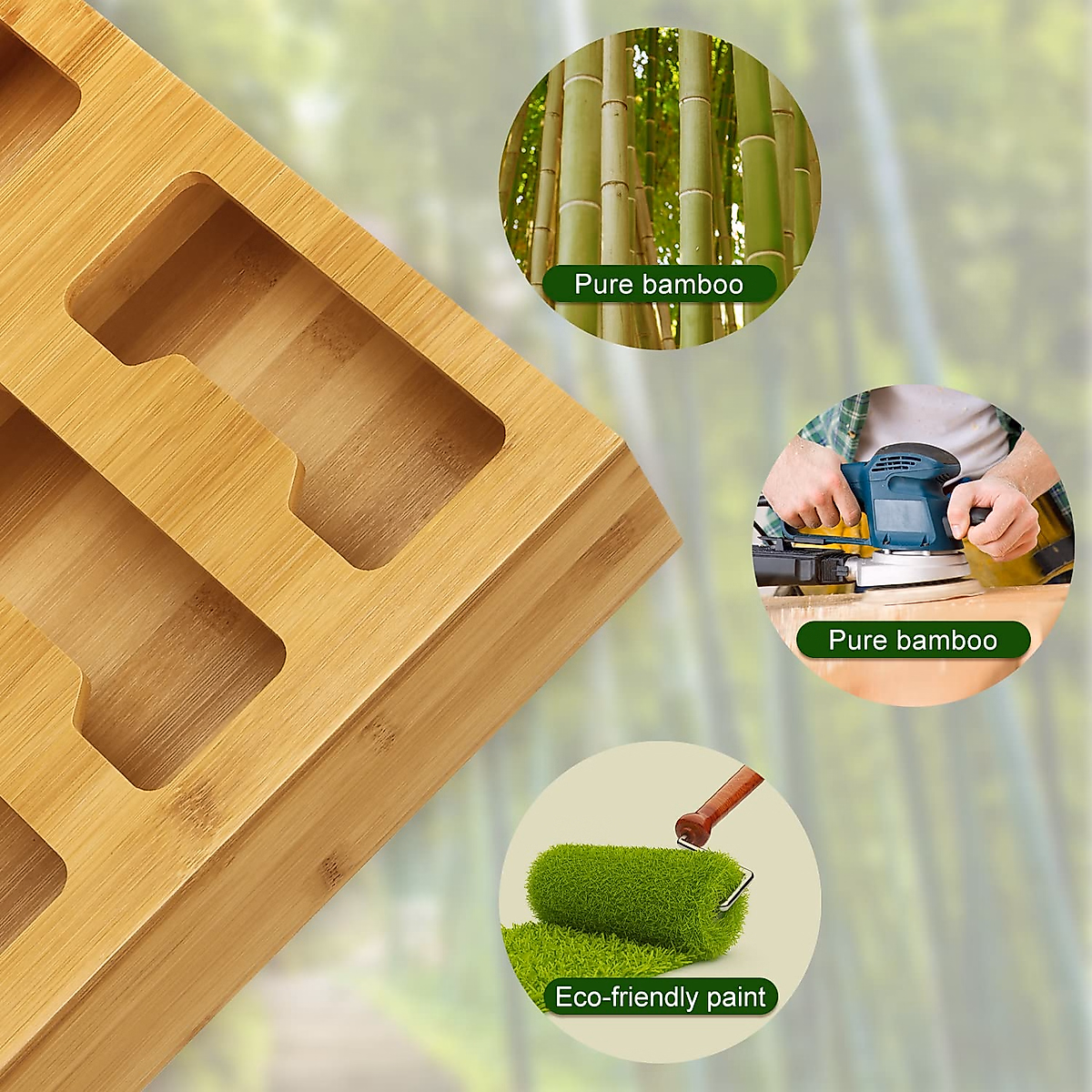 Wattne Bag Storage Organizer for Kitchen Drawer & Wrap Dispenser with Cutter, 6 in 1 Bamboo Organizer Compatible with 12" Aluminum Foil Roll, Suitable for Gallon, Quart, Sandwich Bags, Roll etc