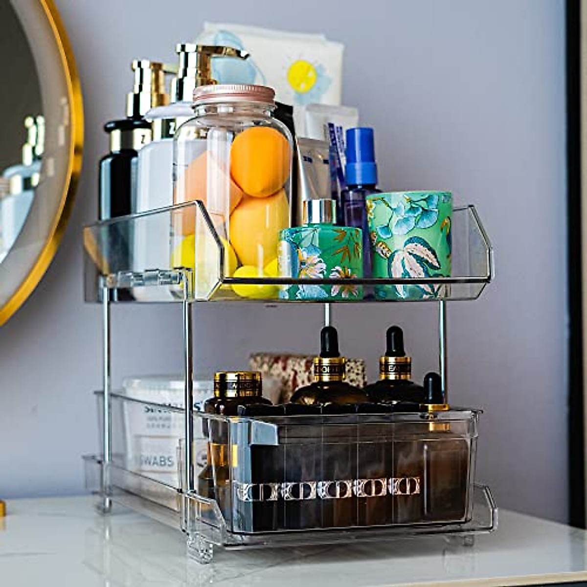 Hourleey 2 Tier Household Organizer with Dividers, Double Layer Multi-Purpose Slide-Out Bathroom Vanity Countertop Closet Organization, Refrigerator Organizers and Storage, For Kitchen Pantry Cabinet