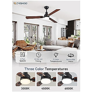 ZMISHIBO 52 Inch Ceiling Fan With Light Remote Control, Indoor And Outdoor LED Ceiling Fans, 3 Color Temperatures, Quiet Reversible DC Motor, Dual Finish Blades (Modern Black & Farmhouse Walnut)