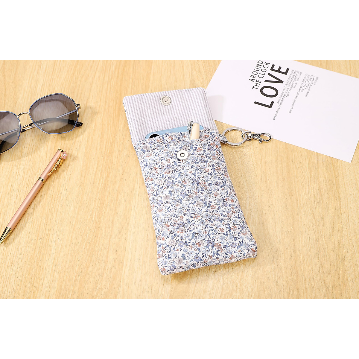 Hongeely Soft Glasses Case Double Eyeglass Case Sunglasses Travel Pouch for Women Men with Key Chain (Floral pattern - Grayish blue)