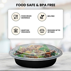 Klex Meal Prep Containers with Airtight Lids, BPA Free, Reusable Plastic Food Container, 12 oz, Round, Black/Clear, 50 Sets