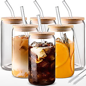 DWTS DANWEITESI Glass Cups with Lids and Straws 6pcs,16oz Glass Iced Coffee Cups with Lids- Glass Coffee Cups,Drinking Glasses with Bamboo Lids