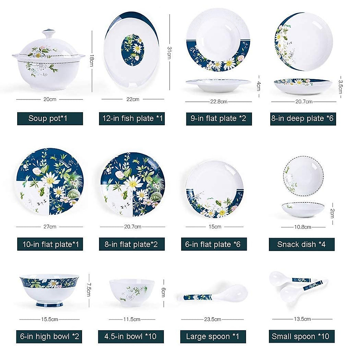 AB-Grade Porcelain Plate and Bowl Set,Ceramics Dinner Sets 46 Pieces Ceramics Dinner Sets,Bowl/Dish/Soup Pot/Spoon|Dinnerware Set Simple Floral Pattern Combination Tableware Set-Compatible with Gift