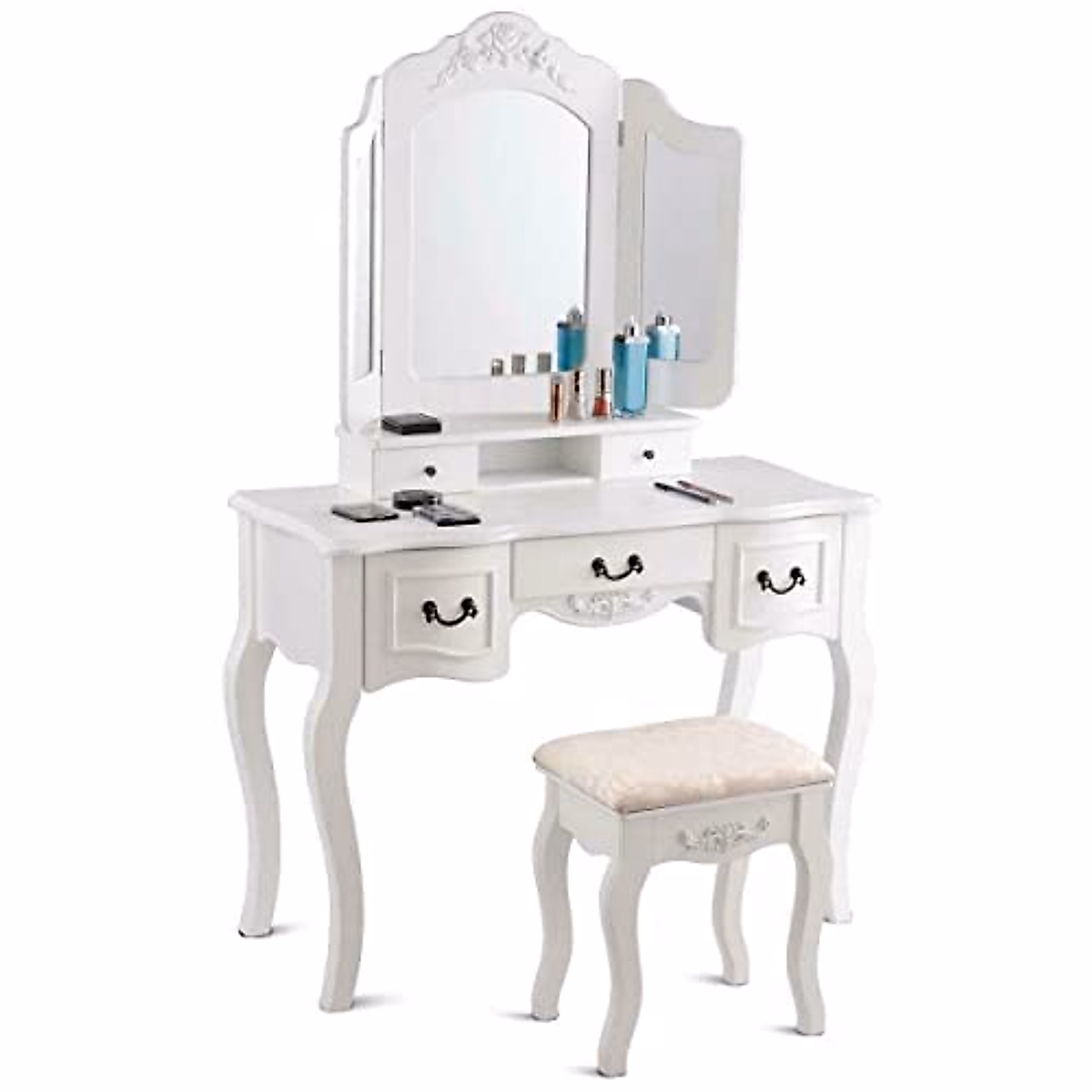 WINVOX Vanity Set, White Tri-Folding Mirror Vanity Set 5 Drawers Dressing Table Makeup Desk Stool ZLYCFCDUS